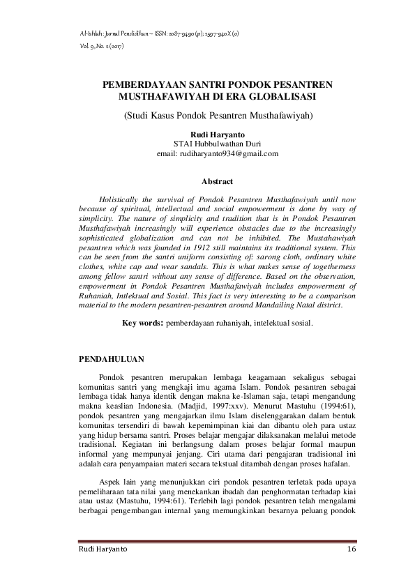 (PDF) PEMBERDAYAAN SANTRI PONDOK PESANTREN MUSTHAFAWIYAH DI ERA GLOBALISASI (Studi Kasus Pondok ...