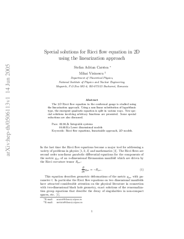(PDF) Special Solutions for Ricci Flow Equation in 2D Using the Linearization Approach | Stefan ...
