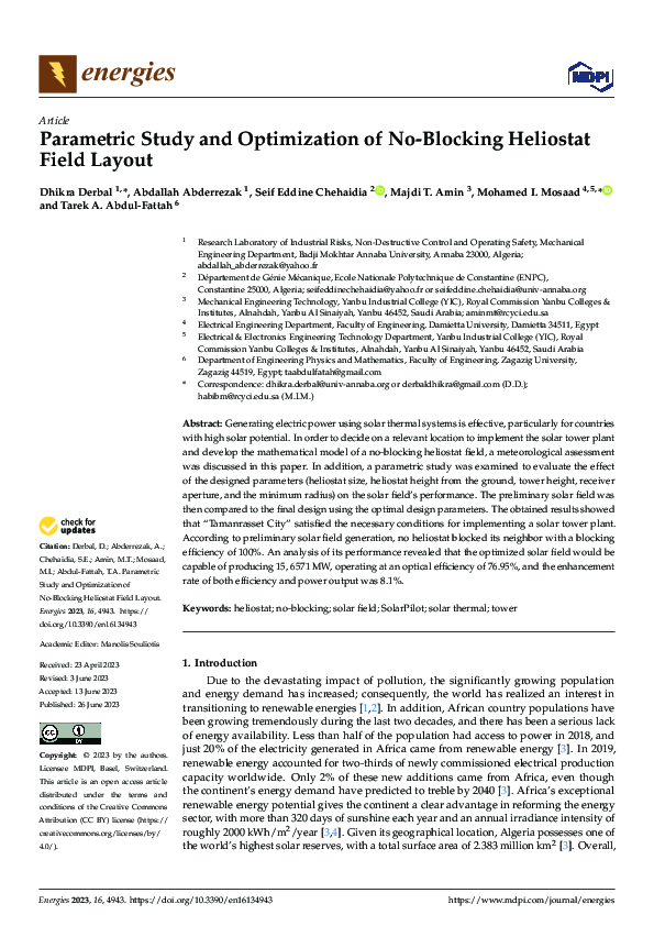 (PDF) Parametric Study and Optimization of No-Blocking Heliostat Field Layout
