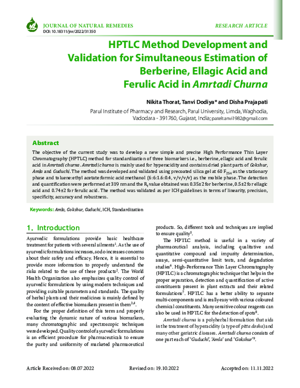(PDF) HPTLC Method Development and Validation for Simultaneous Estimation of Berberine, Ellagic ...