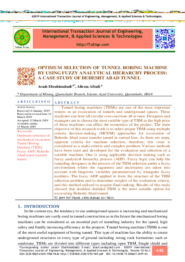 (PDF) Optimum Selection of Tunnel Boring Machine by Using Fuzzy Analytical Hierarchy Process: A ...