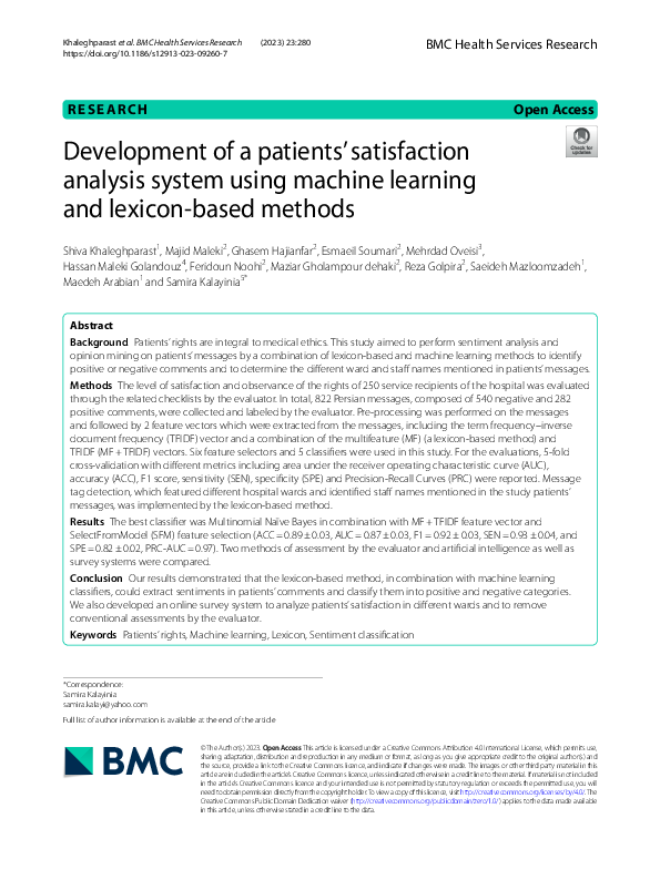 Pdf Development Of A Patients Satisfaction Analysis System Using Machine Learning And Lexicon