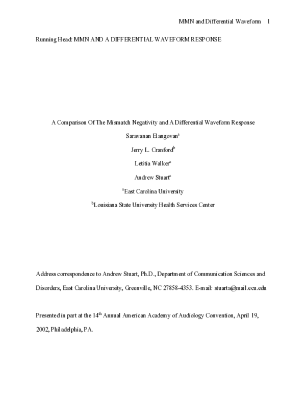 Pdf A Comparison Of The Mismatch Negativity And A Differential