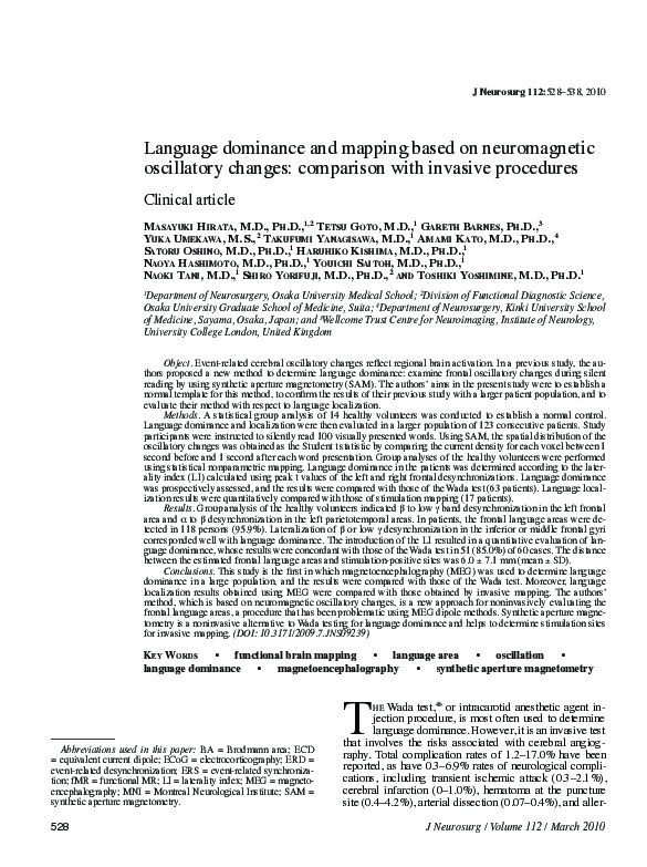 (PDF) Language dominance and mapping based on neuromagnetic oscillatory changes: comparison with ...