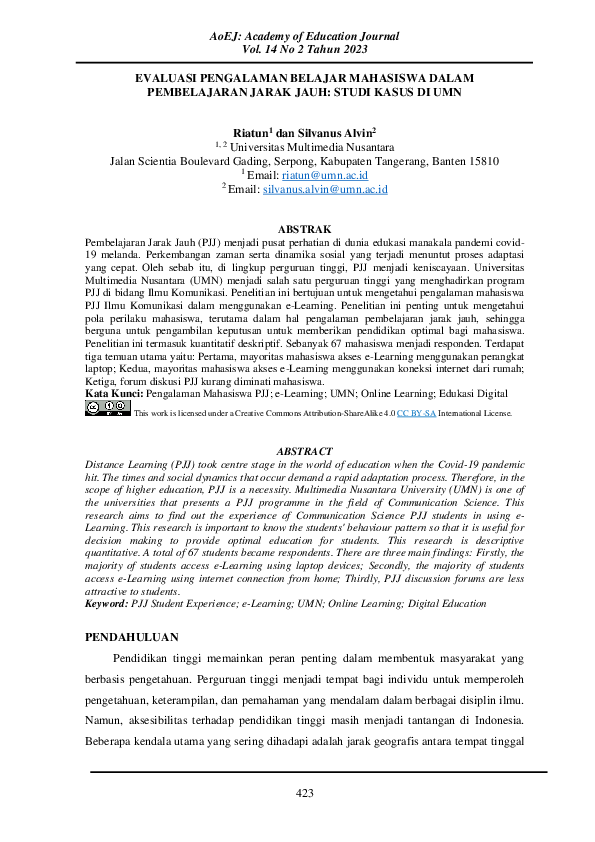 (PDF) Evaluasi Pengalaman Belajar Mahasiswa Dalam Pembelajaran Jarak Jauh: Studi Kasus DI Umn