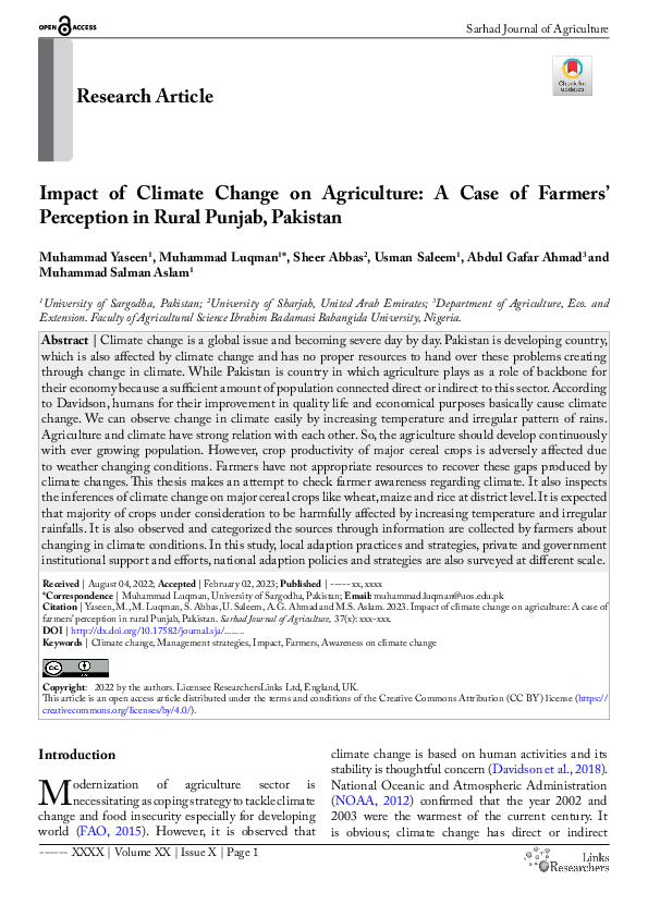 (PDF) Impact of Climate Change on Agriculture: A Case of Farmers’ Perception in Rural Punjab ...