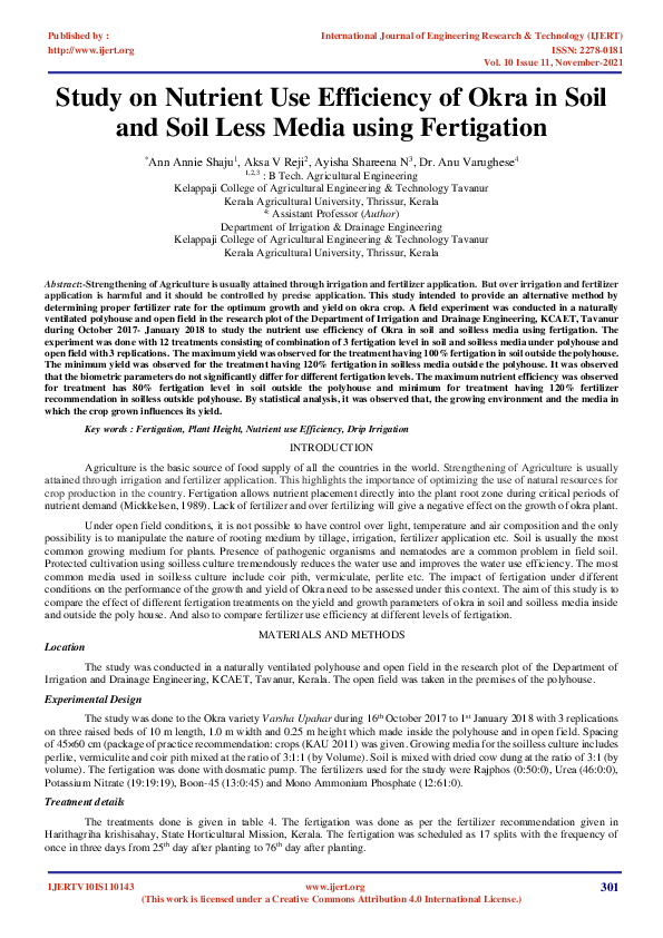 (PDF) Study on Nutrient Use Efficiency of Okra in Soil and Soil Less ...