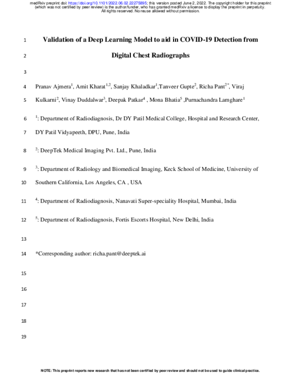 (PDF) Validation of a Deep Learning Model to aid in COVID-19 Detection from Digital Chest ...