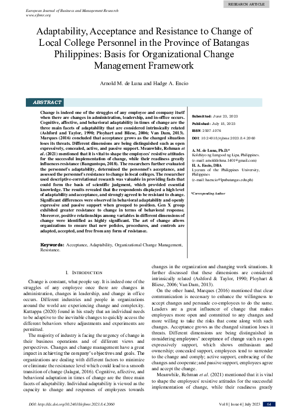 (PDF) Adaptability, Acceptance and Resistance to Change of Local ...