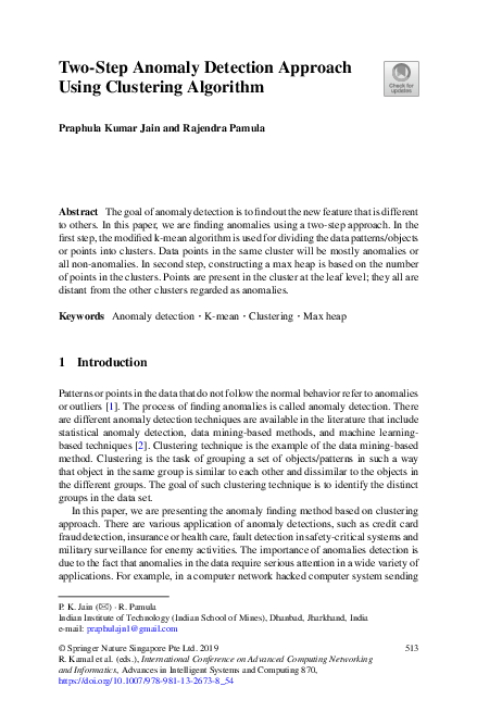 Pdf Two Step Anomaly Detection Approach Using Clustering Algorithm 1926