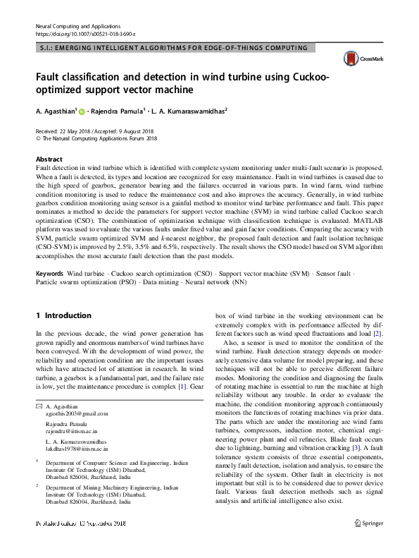 (PDF) Fault classification and detection in wind turbine using Cuckoo-optimized support vector ...
