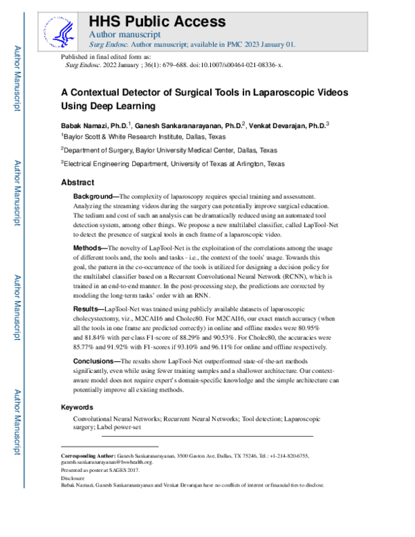 (PDF) A contextual detector of surgical tools in laparoscopic videos using deep learning ...