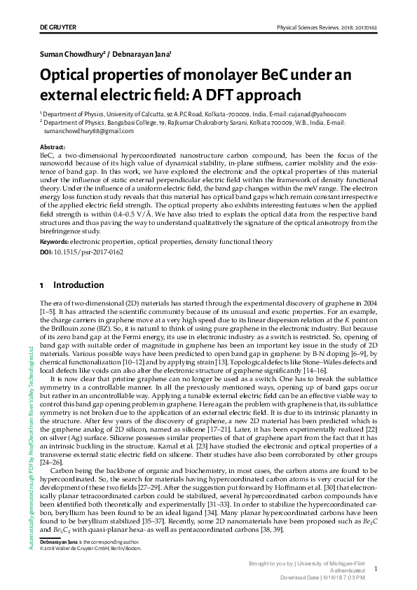 (PDF) Optical properties of monolayer BeC under an external electric field: A DFT approach