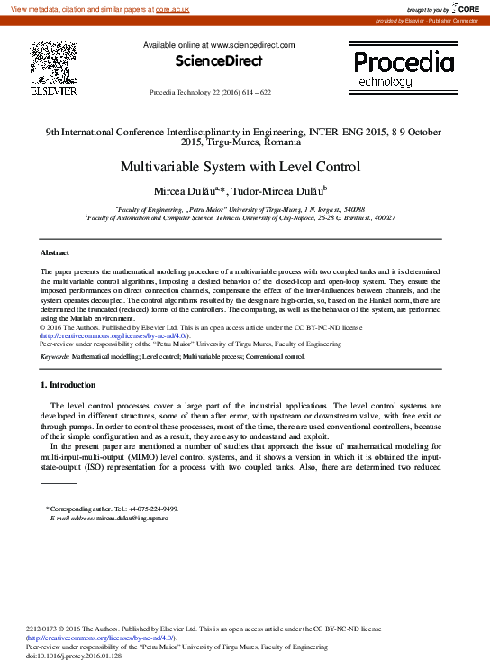 (PDF) Multivariable System with Level Control