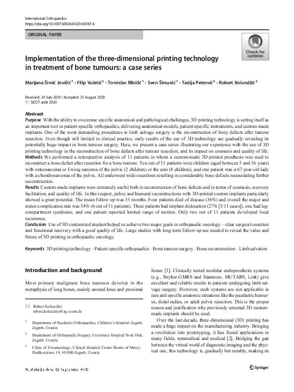 (PDF) Implementation of the three-dimensional printing technology in treatment of bone tumours ...