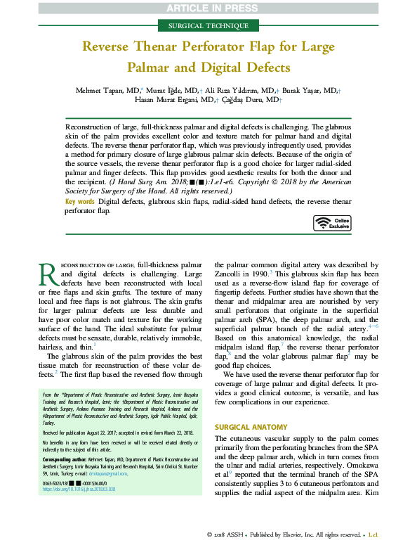 (PDF) Reverse Thenar Perforator Flap for Large Palmar and Digital Defects