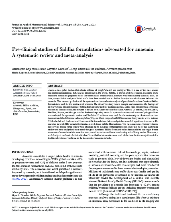 (PDF) Pre-clinical studies of Siddha formulations advocated for anaemia ...