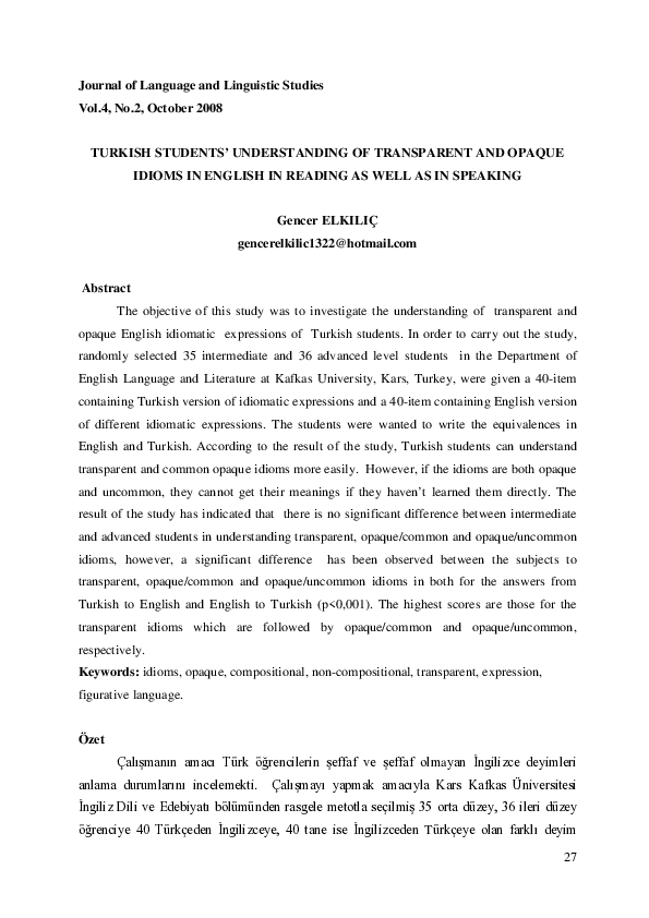(PDF) Turkish Students’ Understanding of Transparent and Opaque Idioms ...