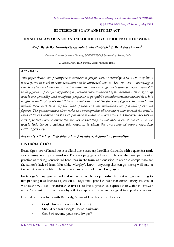 (PDF) BETTERIDGE’S LAW AND ITS IMPACT ON SOCIAL AWARENESS AND METHODOLOGY OF JOURNALISTIC WORK