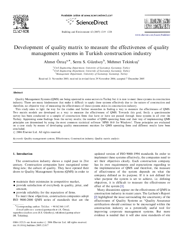 (PDF) Development of quality matrix to measure the effectiveness of quality management systems ...