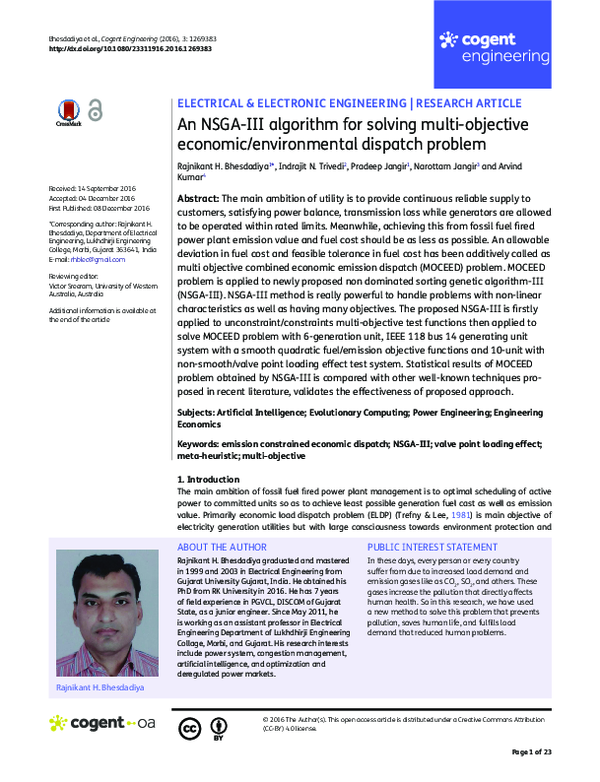 (PDF) An NSGA-III algorithm for solving multi-objective economic/environmental dispatch problem