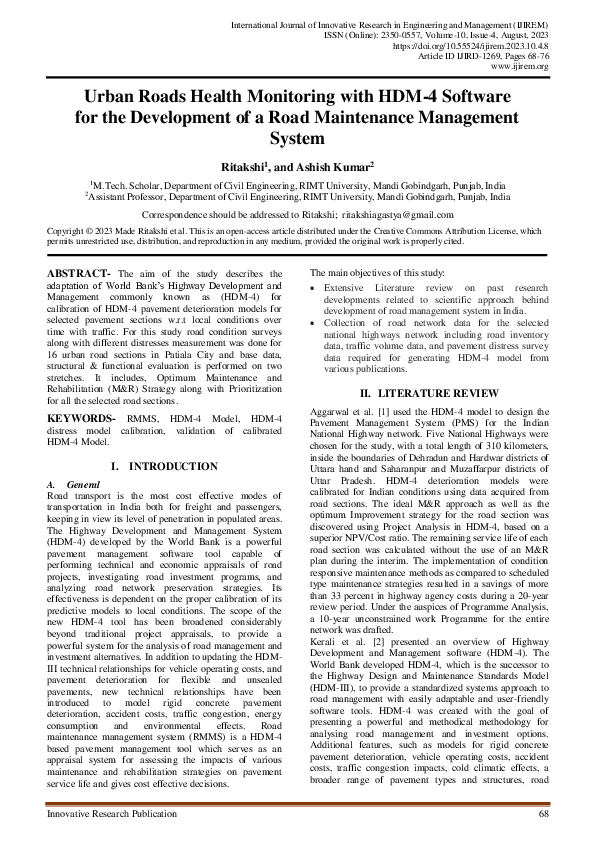(PDF) Urban Roads Health Monitoring with HDM-4 Software for the ...