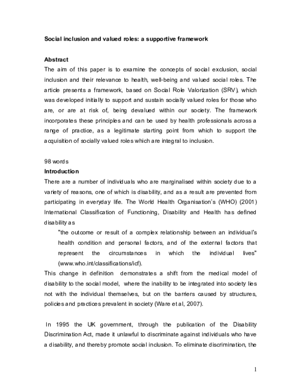 (PDF) Social inclusion and valued roles: A supportive framework