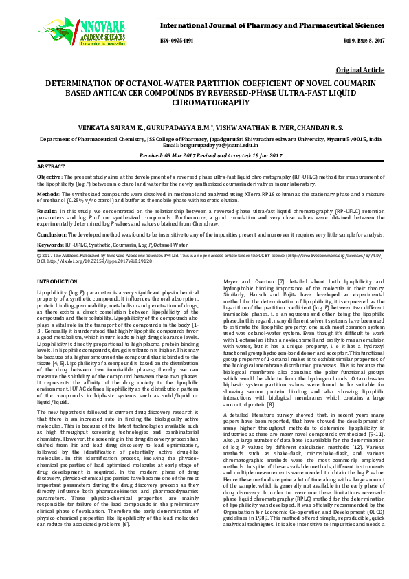 (PDF) DETERMINATION OF OCTANOL-WATER PARTITION COEFFICIENT OF NOVEL COUMARIN BASED ANTICANCER ...