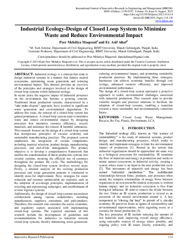(PDF) Industrial Ecology-Design of Closed Loop System to Minimize Waste ...