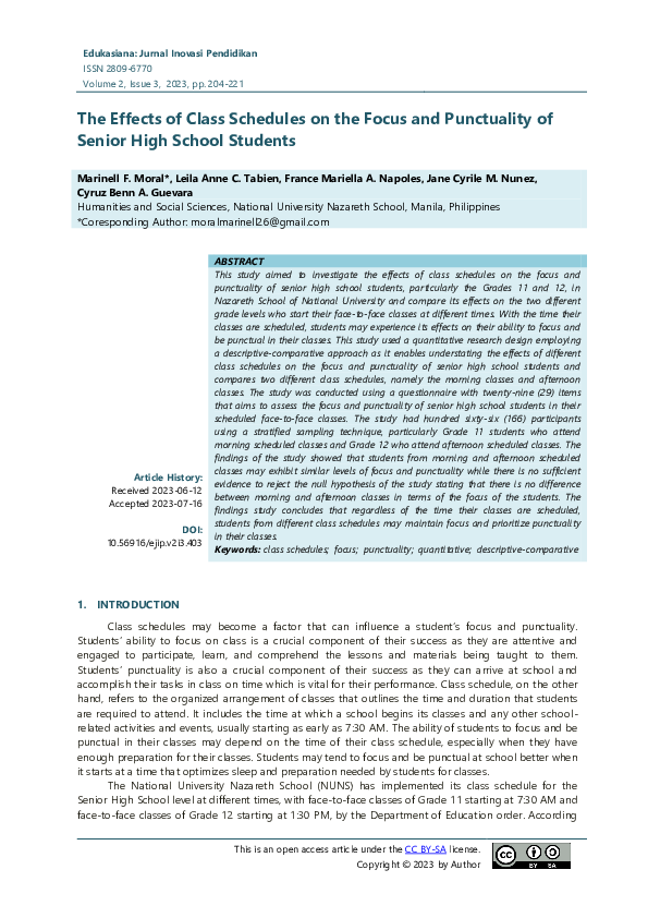 (PDF) Effects of Class Schedules on the Focus and Punctuality of Senior ...