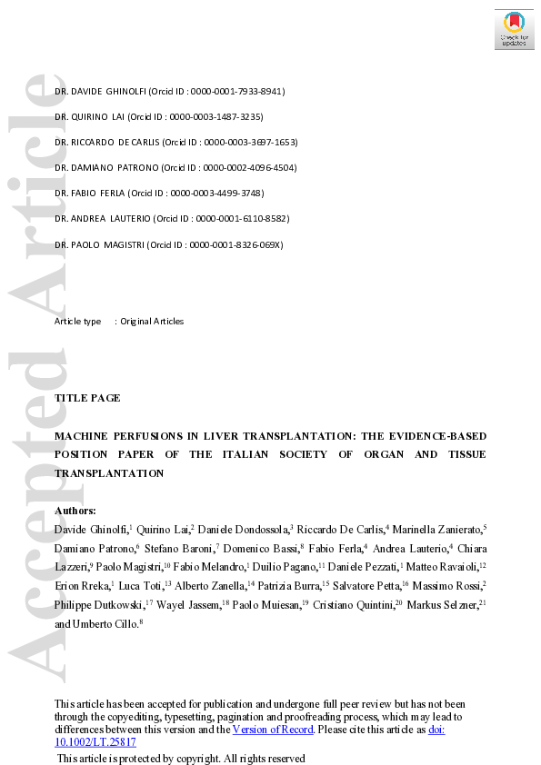 (PDF) Machine Perfusions in Liver Transplantation: The Evidence‐Based ...