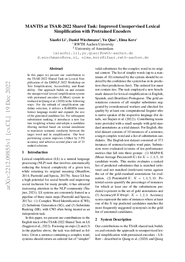 (PDF) MANTIS at TSAR-2022 Shared Task: Improved Unsupervised Lexical Simplification with ...