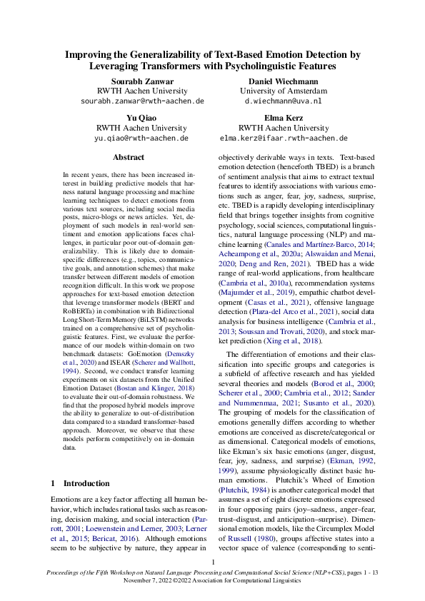 (PDF) Improving the Generalizability of Text-Based Emotion Detection by Leveraging Transformers ...