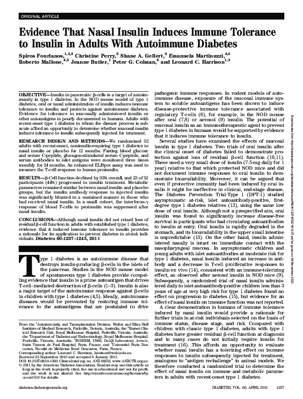 (PDF) Nasal Insulin Induces Immune Tolerance in T1D