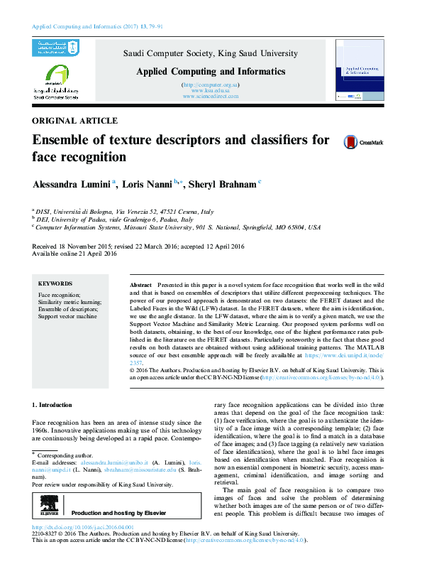 (PDF) Ensemble of texture descriptors and classifiers for face recognition
