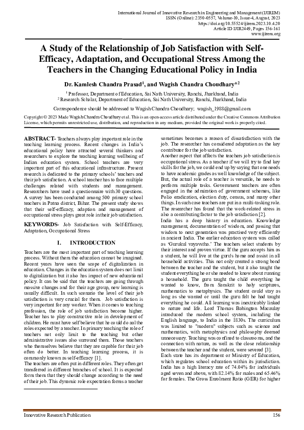 (PDF) A Study of the Relationship of Job Satisfaction with Self-Efficacy, Adaptation, and ...