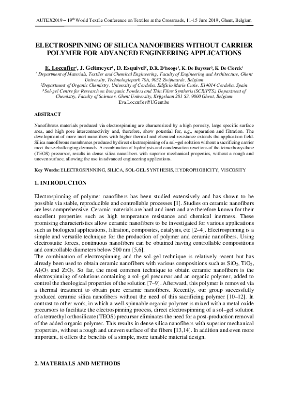 (PDF) Electrospinning of silica nanofibers without carrier polymer for advanced applications