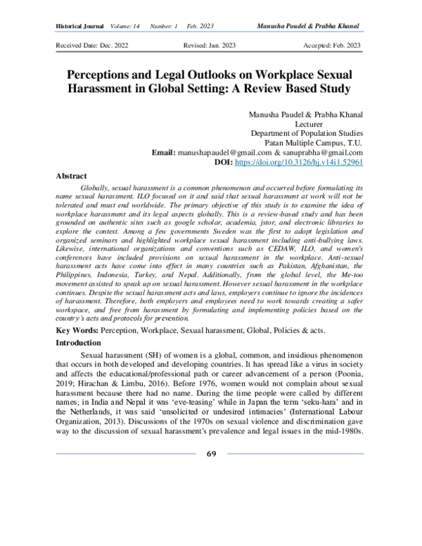 (PDF) Perceptions and Legal Outlooks on Workplace Sexual Harassment in Global Setting: A Review ...