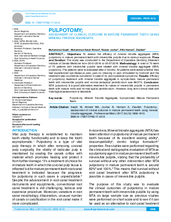 (PDF) Pulpotomy; Assessment of Clinical Outcome in Mature Permanent ...