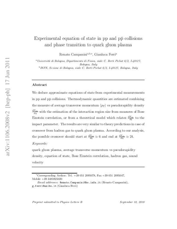 (PDF) Experimental equation of state in pp and pp¯ collisions and phase ...