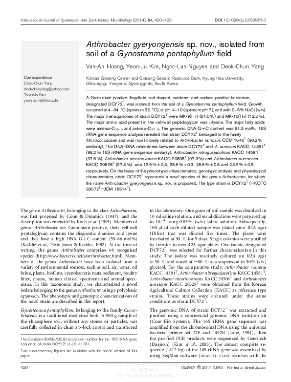(PDF) Arthrobacter gyeryongensis sp. nov., isolated from soil of a ...