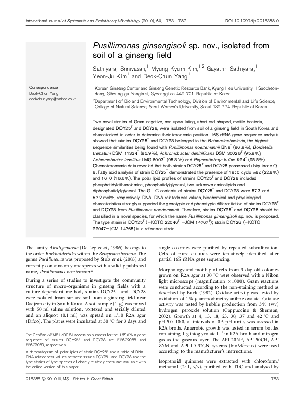 (PDF) Pusillimonas ginsengisoli sp. nov., isolated from soil of a ...