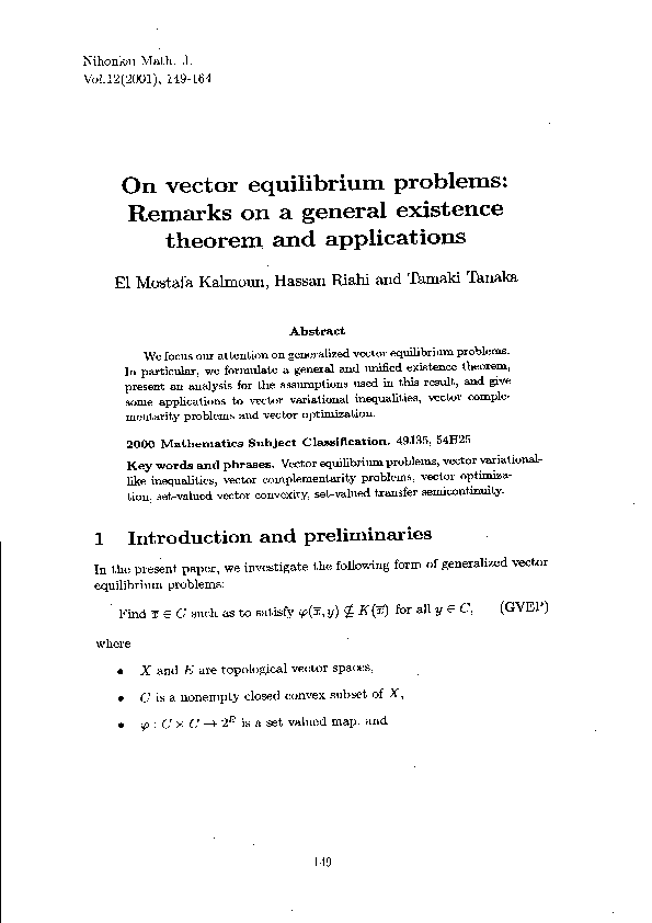 (PDF) On Vector equilibrium problems: Remarks on a general existence theorem and applications