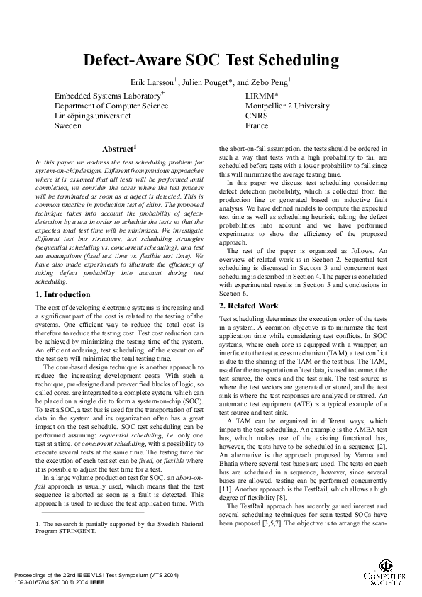 Pdf Defect Aware Soc Test Scheduling Julien Pouget