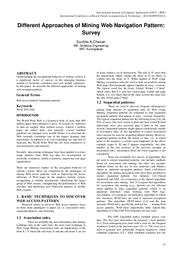(PDF) Different Approaches of Mining Web Navigation Pattern: Survey | Suchita Chavan - Academia.edu