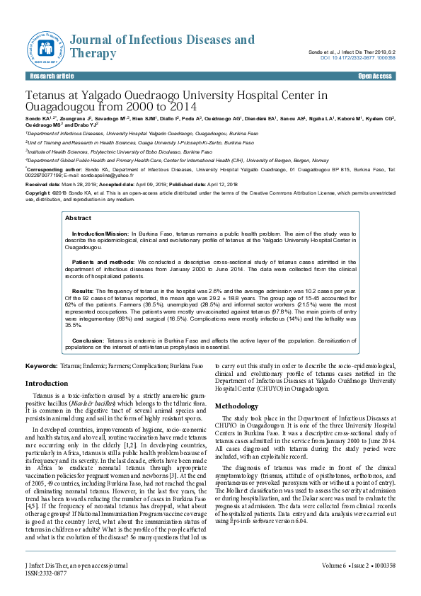 (PDF) Tetanus at Yalgado Ouédraogo University Hospital Center in ...