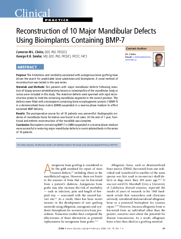 (PDF) Reconstruction of 10 major mandibular defects using bioimplants ...