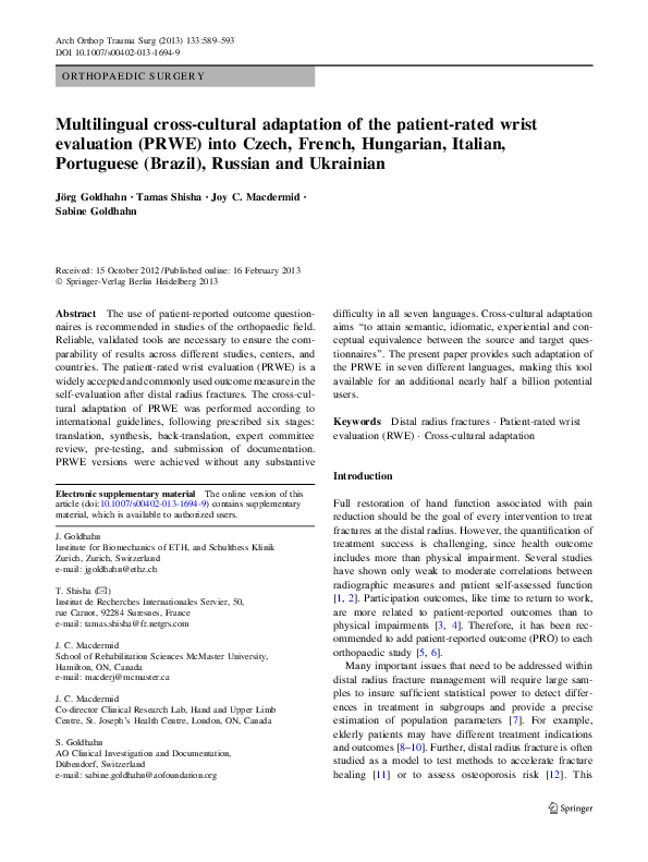 (PDF) Multilingual cross-cultural adaptation of the patient-rated wrist ...