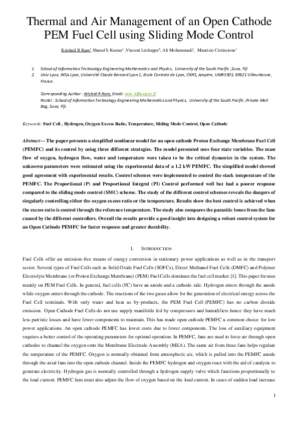 (PDF) Thermal and Air Management of an Open Cathode PEM Fuel Cell using Sliding Mode Control