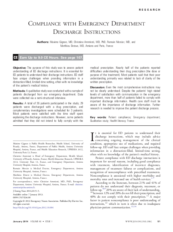 (PDF) Compliance with Emergency Department Discharge Instructions